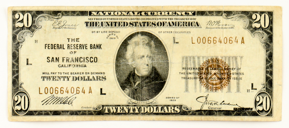 1929 $20 Twenty Dollars U.S. National Currency Bank Note - San ...