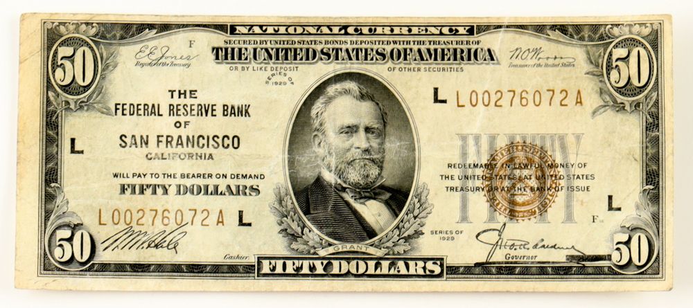 1929 $50 Fifty Dollars Brown Seal Federal Reserve Bank of San Francisco ...