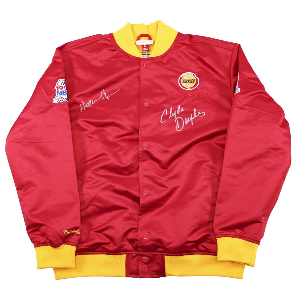 Hakeem Olajuwon & Clyde Drexler Signed Rockets Mitchell & Ness Bomber ...