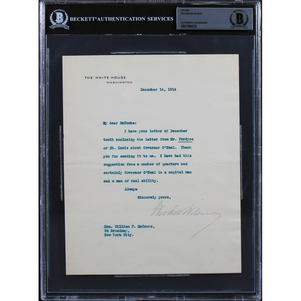 Woodrow Wilson Signed 1914 Letter with White House Letterhead (BAS ...