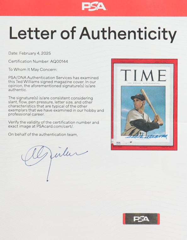 Ted Williams Signed Custom Framed 1950 Time Magazine Cover Display (PSA ...