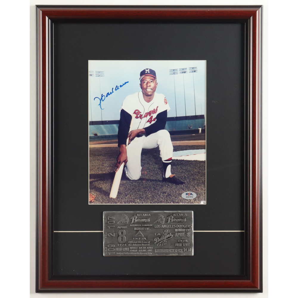 Hank Aaron Signed Braves Custom Framed Photo Display With 1974 Pewter ...