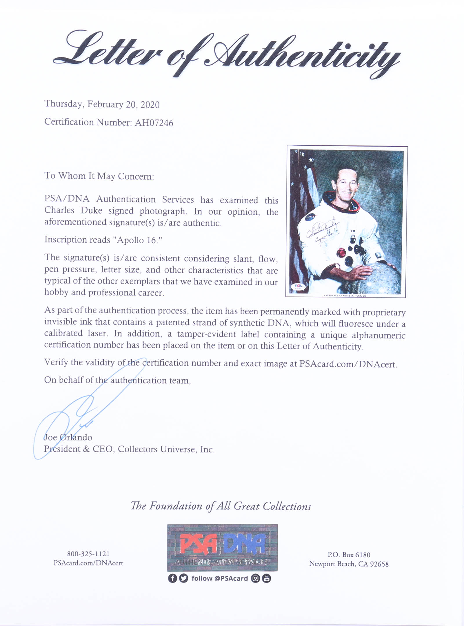 Charlie Duke Signed NASA 8x10 Photo Inscribed "Apollo 16" (PSA ...