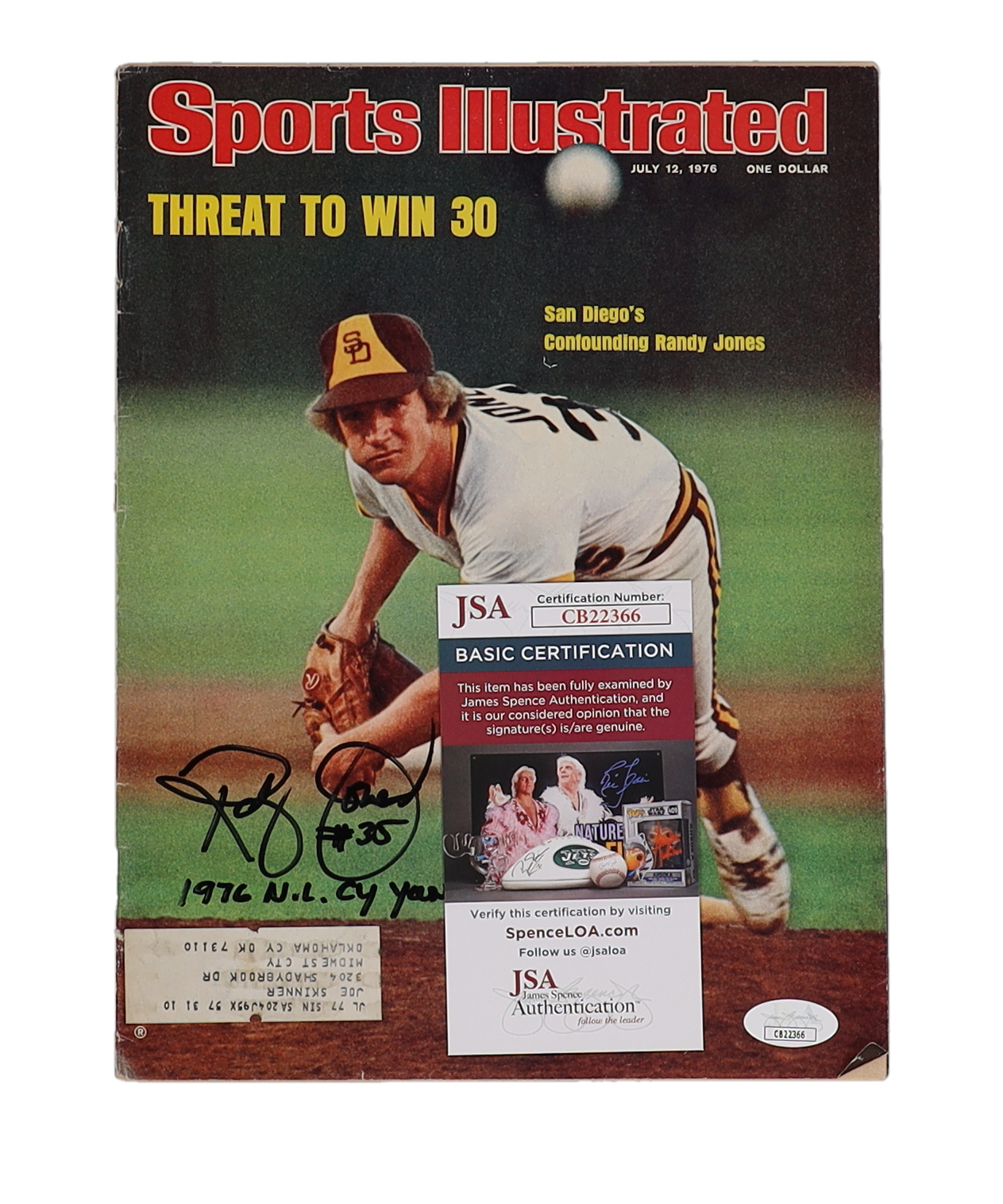 Randy Jones Signed 1976 Sports Illustrated Magazine Inscribed "1976 N.L ...