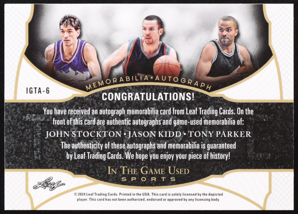 John Stockton / Jason Kidd / Tony Parker 2024 Leaf ITG Triple ...