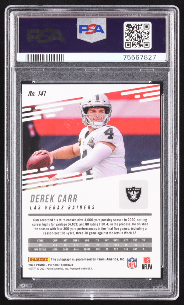 Derek Carr 2021 Prestige Xtra Points Signatures Premium Pink #141 #10/ ...