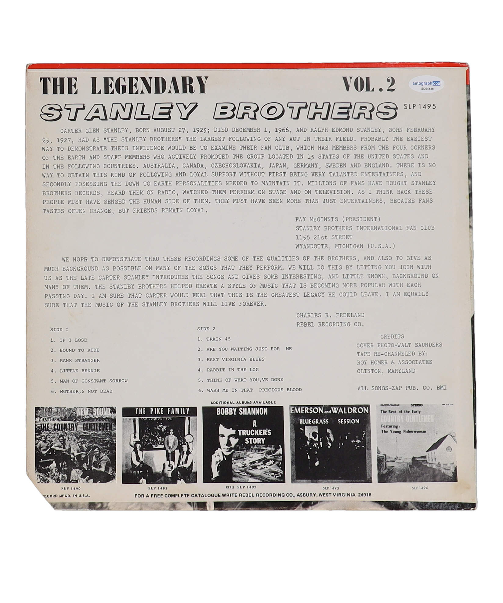 Ralph Stanley Signed "The Legendary Stanley Brothers" Vinyl Album Cover ...
