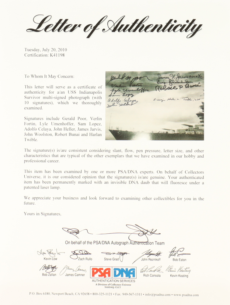 USS Indianapolis Surivors Multi Signed 9x14 Photograph (D) x10 Veterans ...
