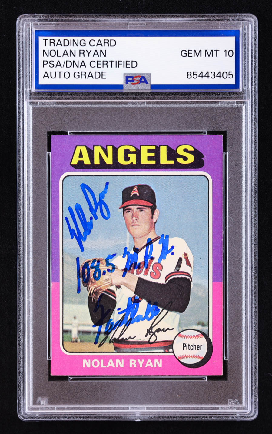 Nolan Ryan Signed 1975 Topps Mini #500 Inscribed "108.5 M.P.H. Fastball ...