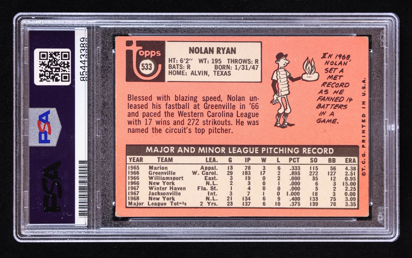 Nolan Ryan Signed 1969 Topps #533 Inscribed "'69 Miracle Mets" (PSA ...