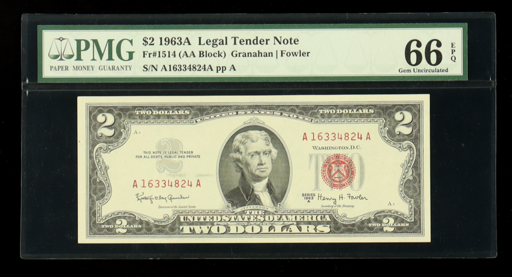 1963-A $2 Two Dollars US Legal Tender Note - Red Seal (PCGS Gem Unc ...