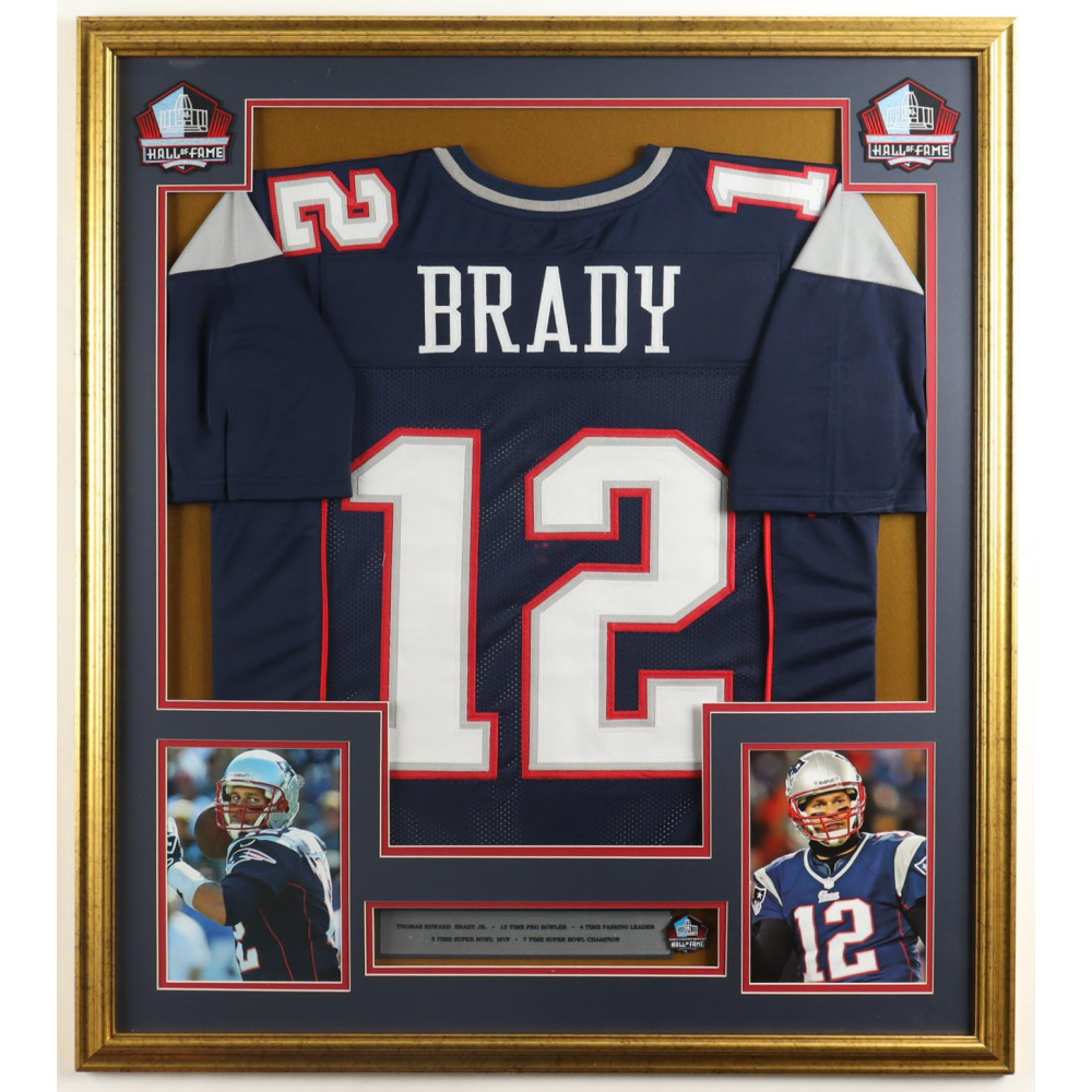 Tom Brady Patriots Custom Framed Jersey Display With Hall Of Fame Pin & (2) Hall Of Fame Cloth ...