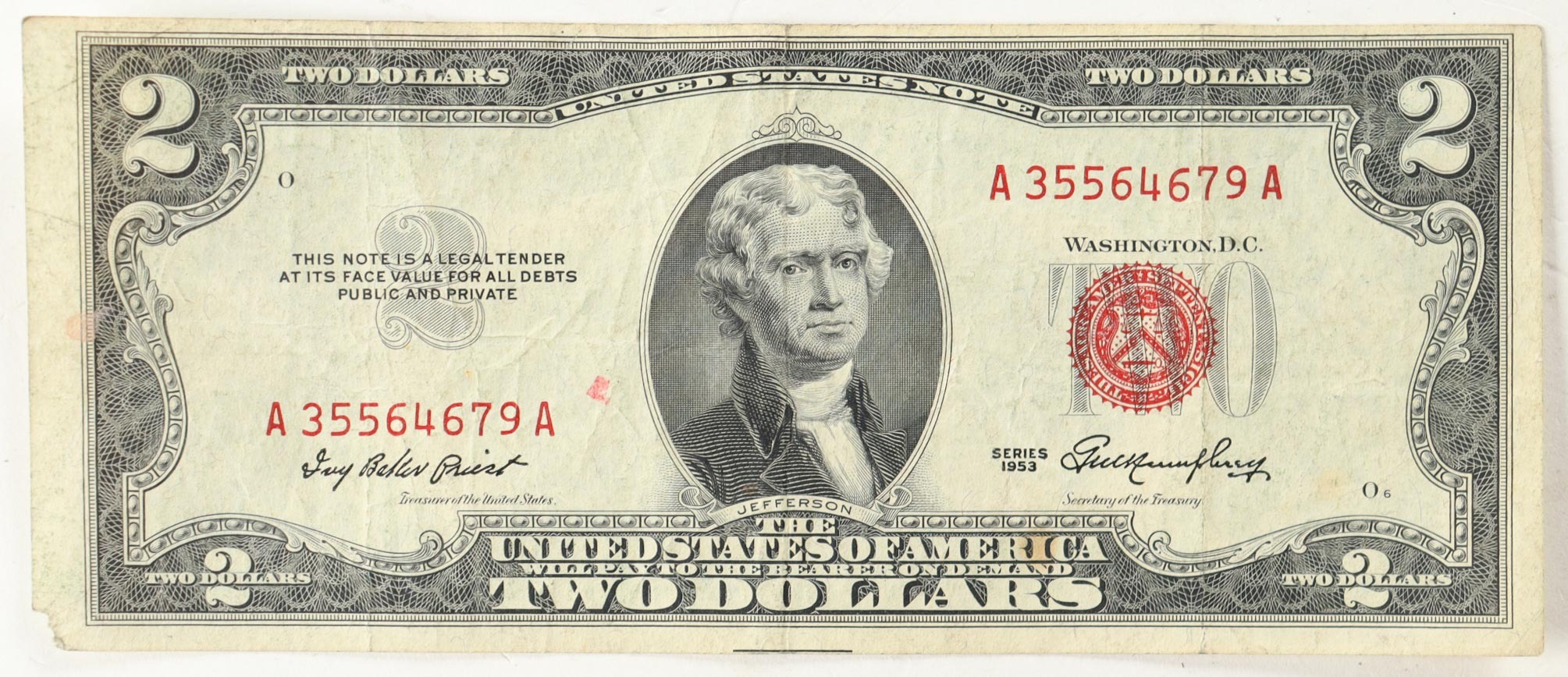 1953 United States $2 Two Dollar Legal Tender Note - Red Seal ...