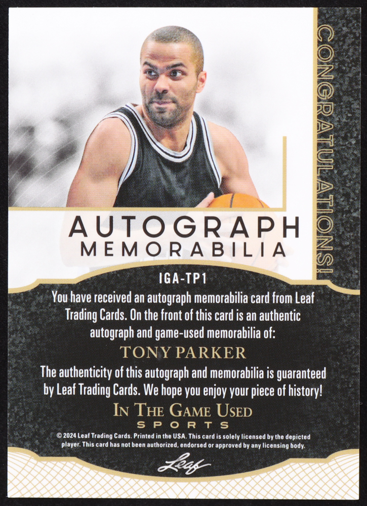 Tony Parker 2024 Leaf ITG Used Autograph Memorabilia Prismatic Purple # ...