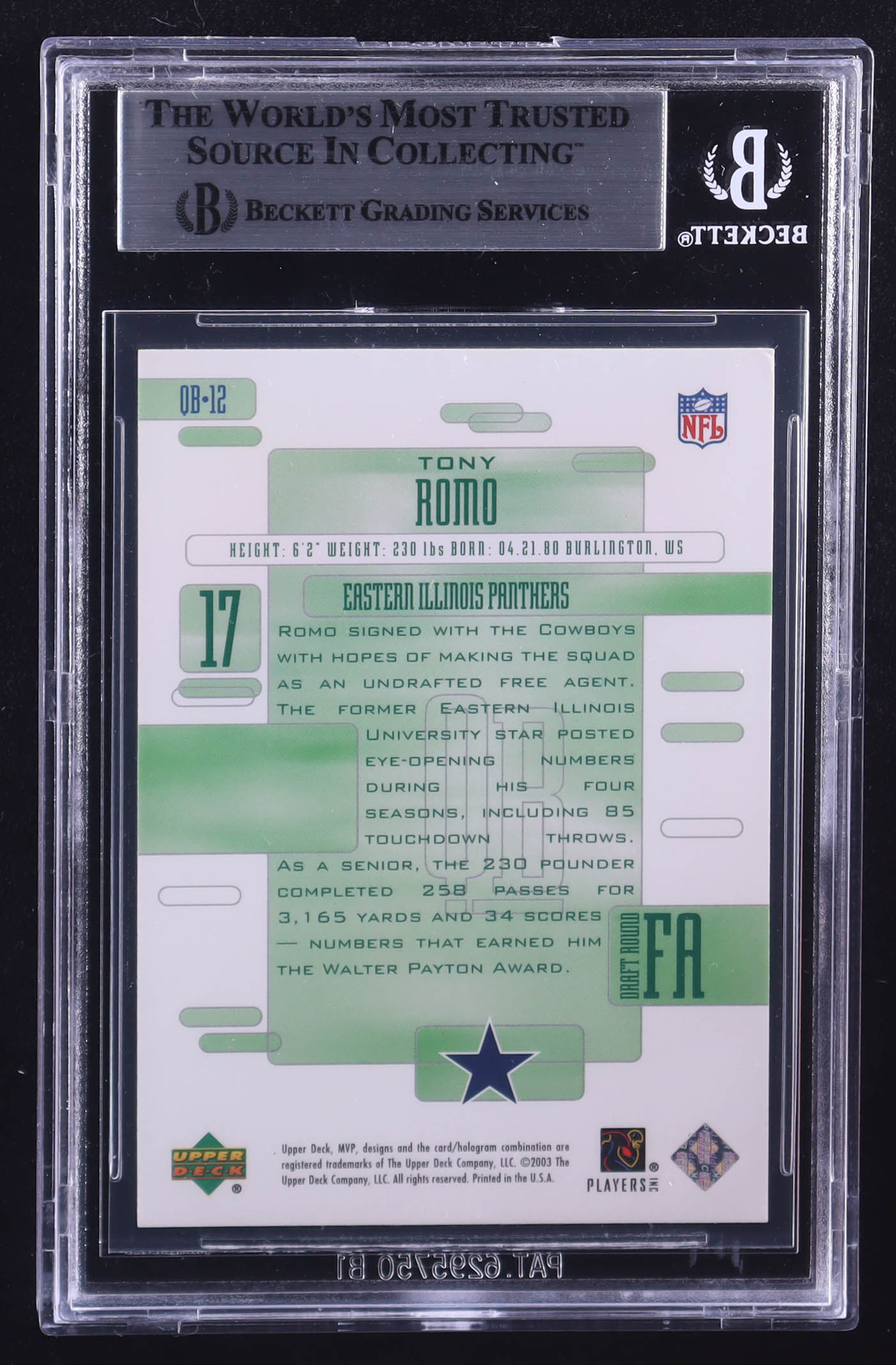 Tony Romo Signed 2003 Upper Deck MVP Future MVP #QB12 RC (BGS ...