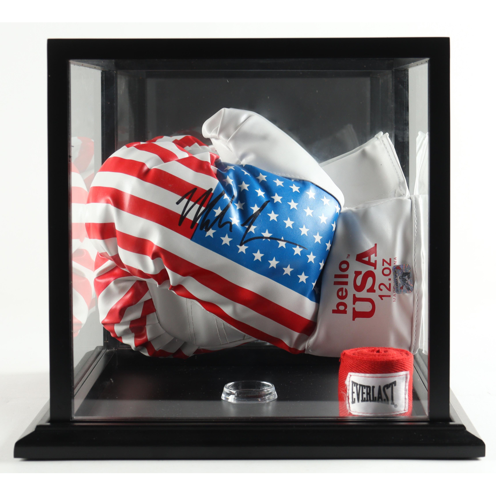 Mike Tyson Signed USA Bello Boxing Gloves With Everlast Wraps In Wood ...