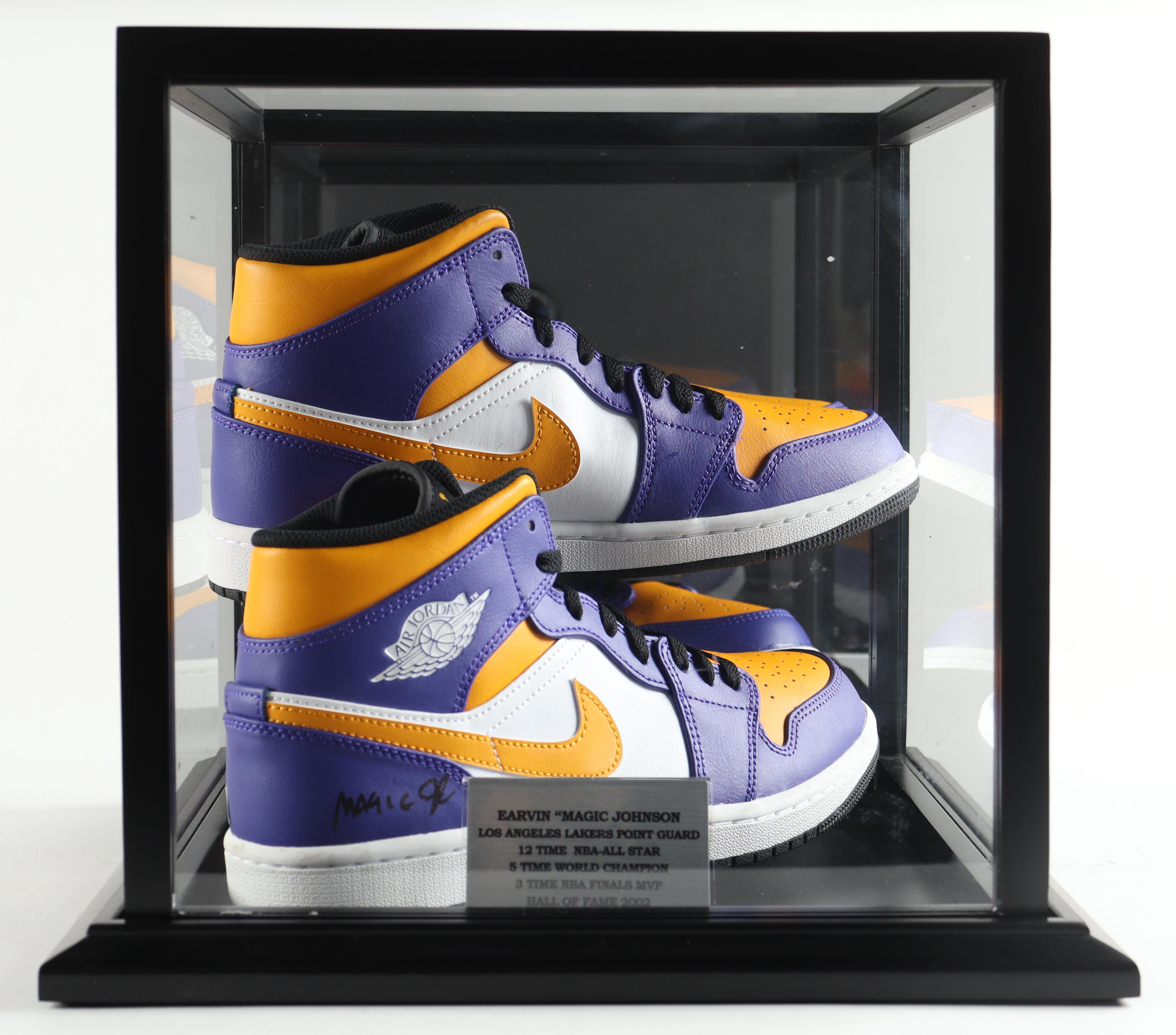 Magic Johnson Signed Pair of Nike Air Jordan Basketball Shoes with Wood ...