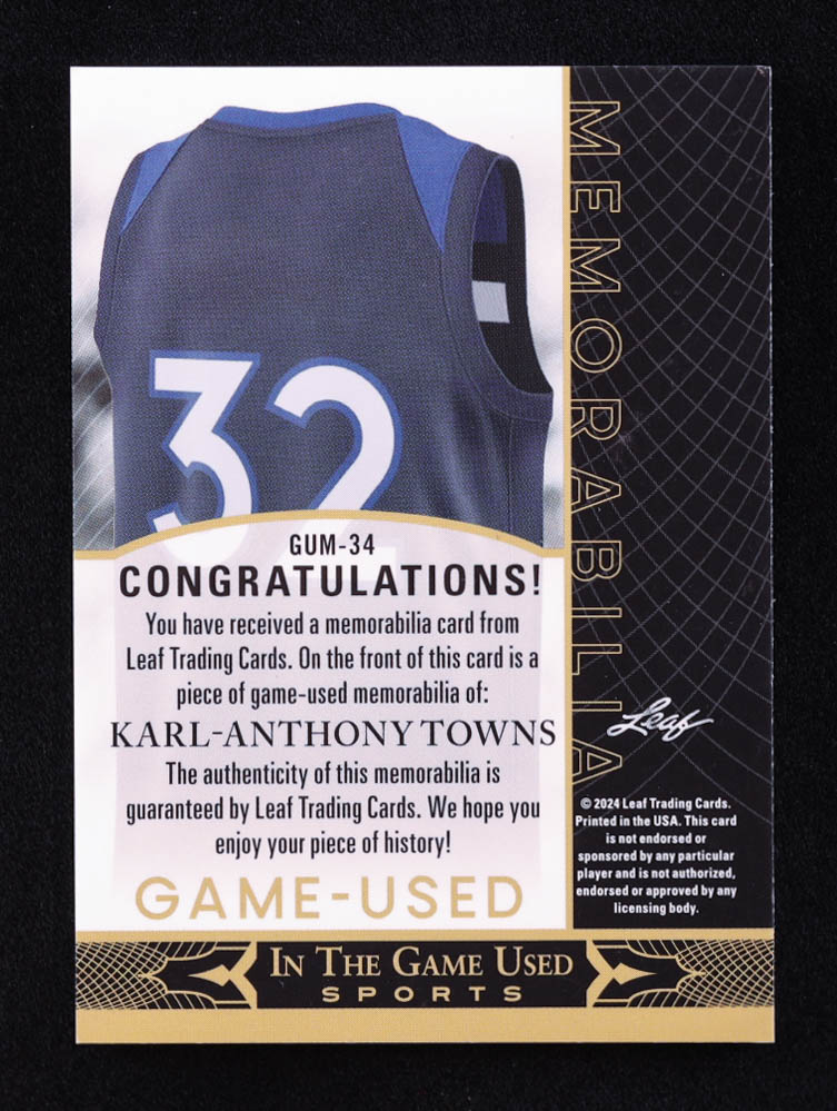 Karl-Anthony Towns 2024 Leaf ITG Game-Used Memorabilia Green #GUM34 #2/ ...