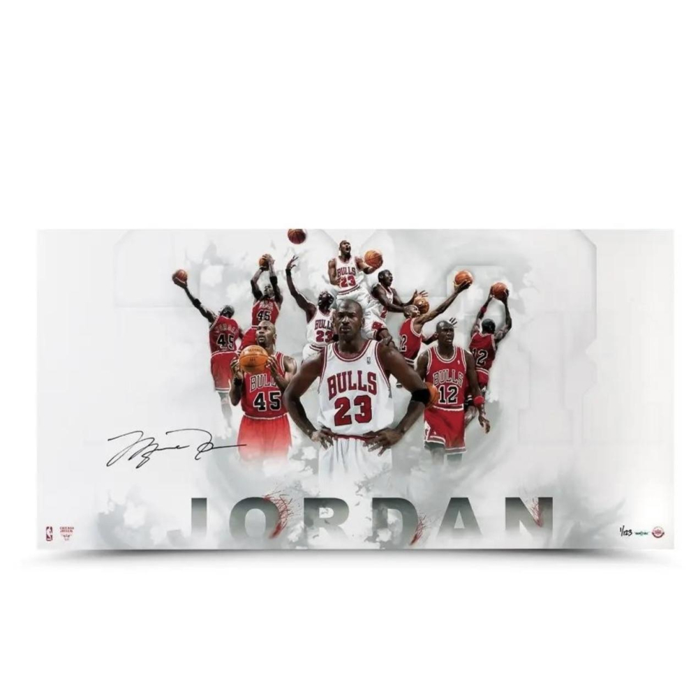 Michael Jordan Signed LE Bulls Jersey Collage 18x36 Photo (UDA) | Pristine Auction