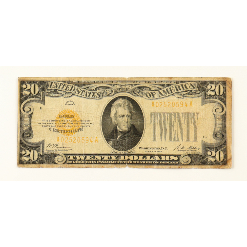 1928 United States $20 Twenty Dollar Gold Certificate Bank Note ...