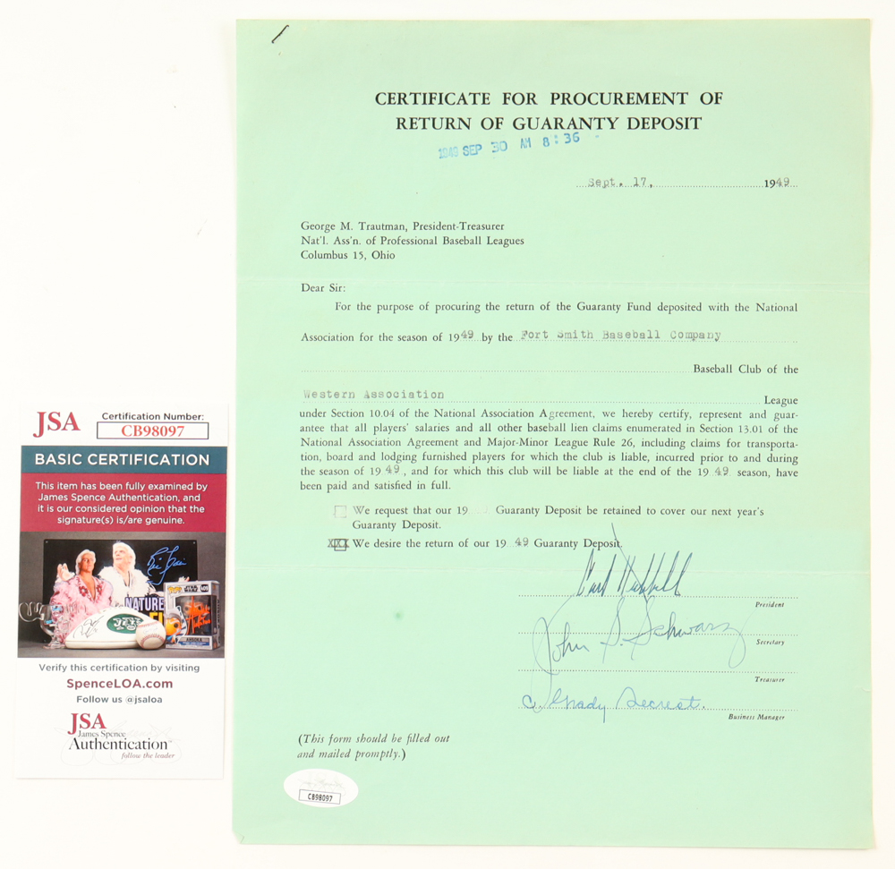 Carl Hubbell Signed 1949 Guaranty Deposit Certificate (JSA) | Pristine Auction
