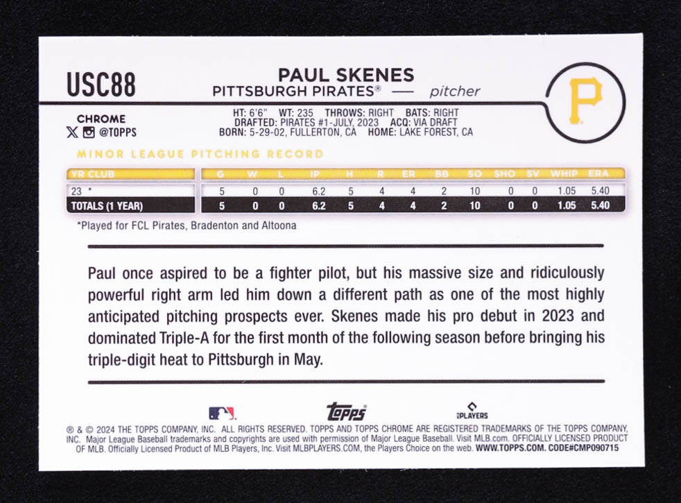 Paul Skenes 2024 Topps Chrome Update Xfractors #USC88 RC | Pristine Auction