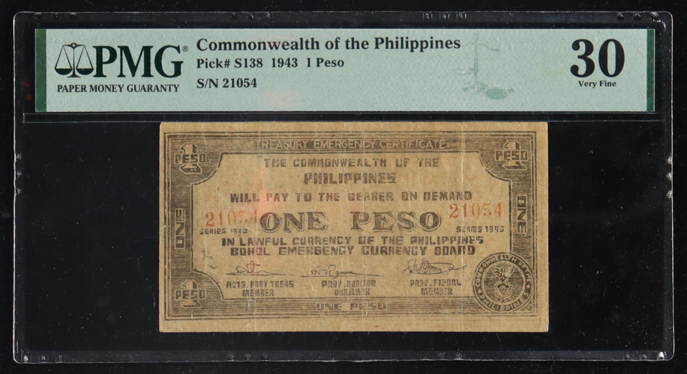 1943 Commonwealth of the Philippines - 1 Peso WW2 Emergency Treasury ...