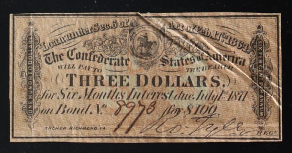1864 $3 Confederate States of America Richmond CSA Bank Note Bond ...