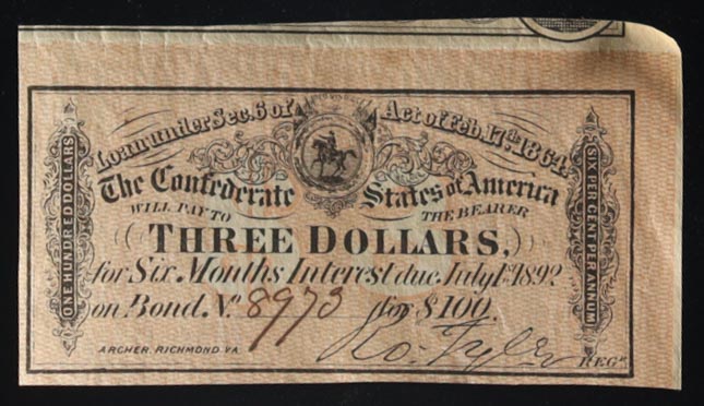 1864 $3 Confederate States of America Richmond CSA Bank Note Bond ...
