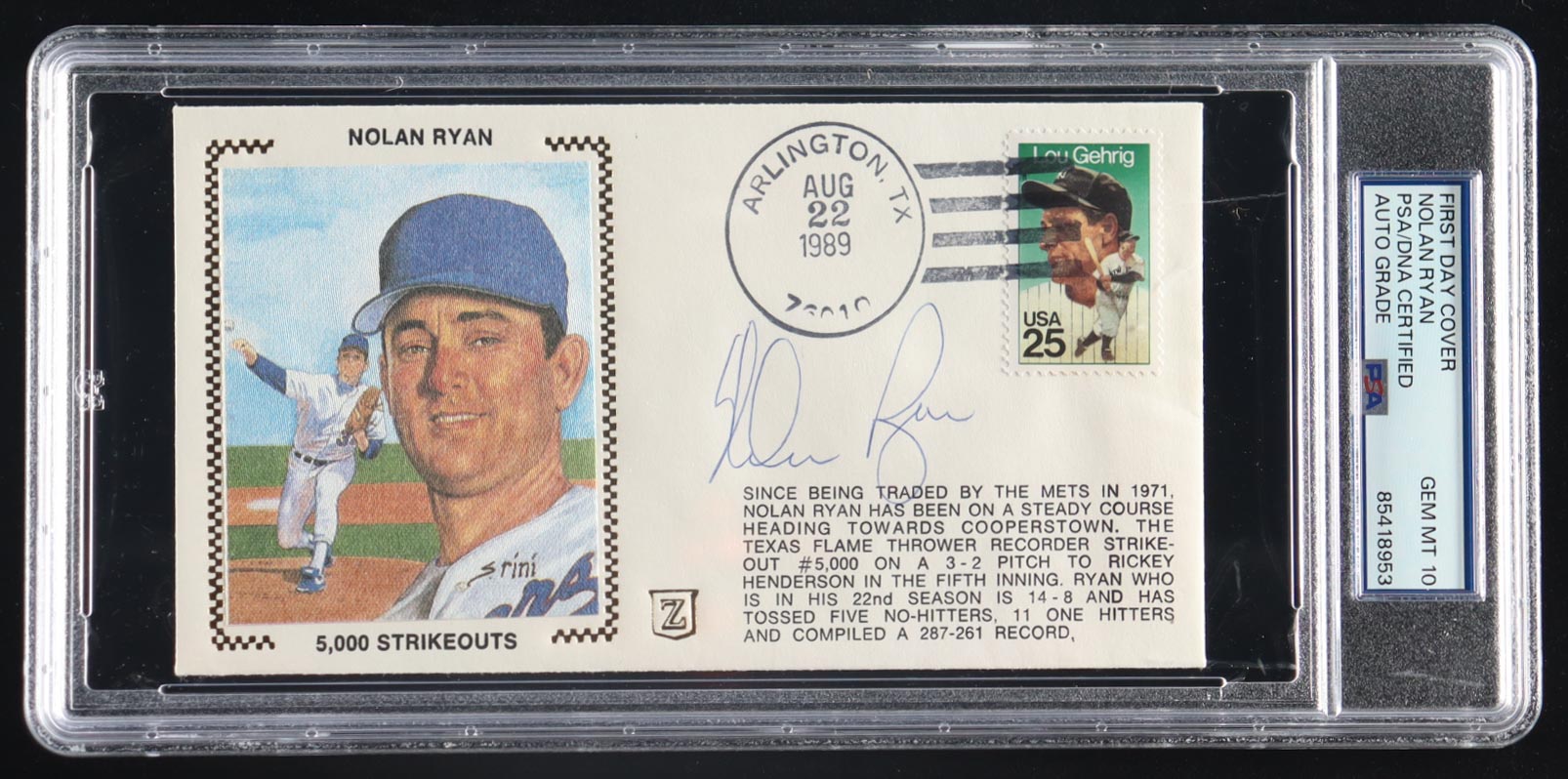 Nolan Ryan Signed 1989 "5,000 Stikeouts" First Day Cover Envelope (PSA ...