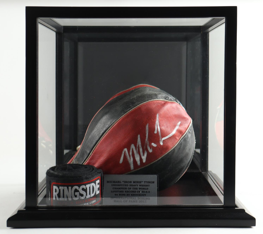 Mike Tyson Signed Ringside Speed Bag with Display Case & Wristwraps ...