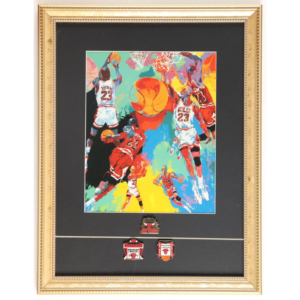 LeRoy Neiman "Michael Jordan" Custom Framed Art Print With (3) NBA Champions Pins | Pristine Auction