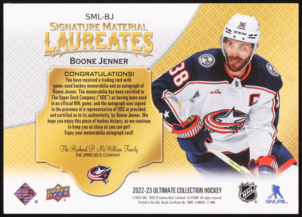 Boone Jenner 2022-23 Upper Deck Signature Materials Laureates #SML-BJ ...