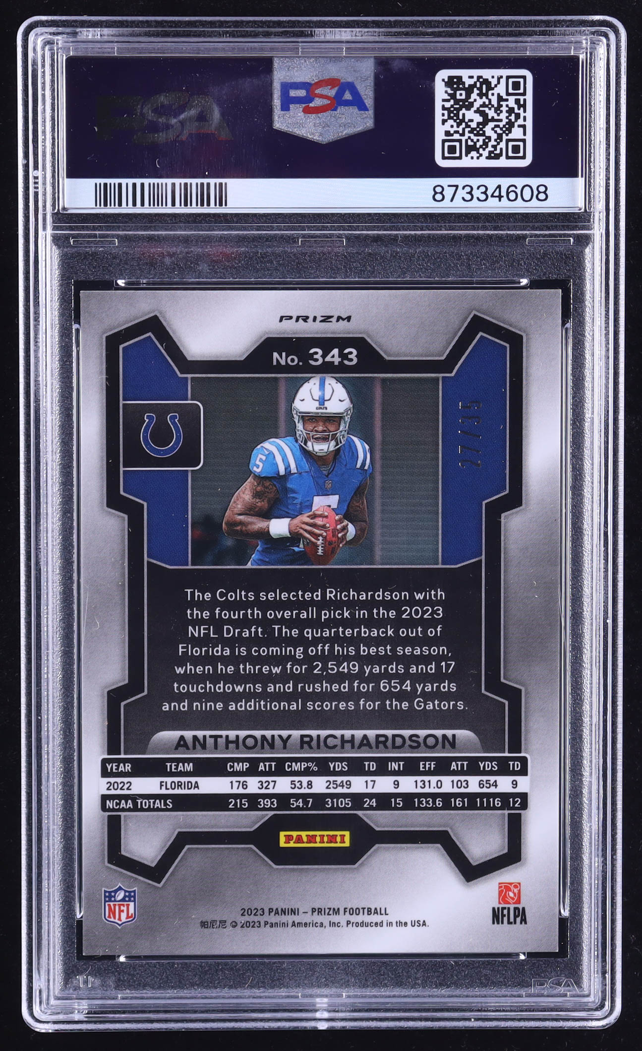 Anthony Richardson 2023 Panini Prizm Prizms No Huddle Purple #343 #27/ ...