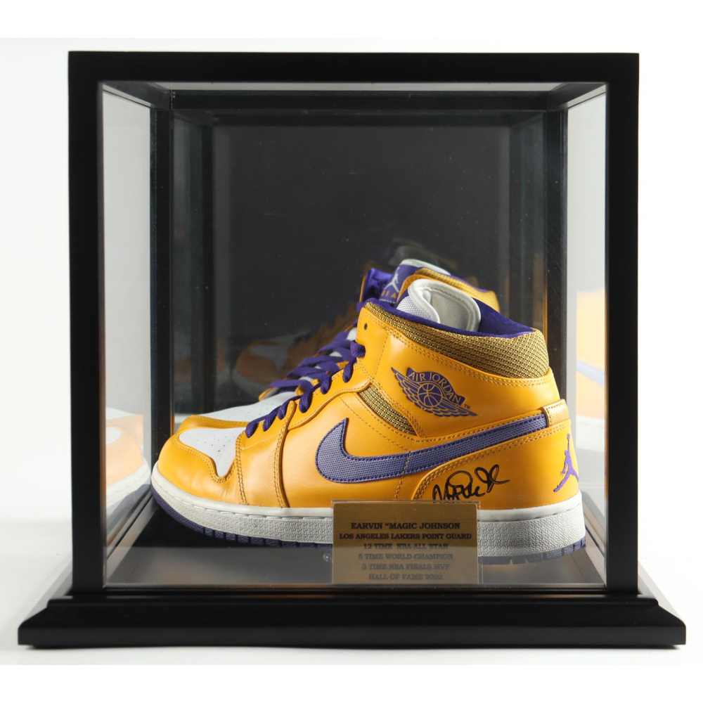 Magic Johnson Signed Nike Air Jordan Basketball Shoe with Wood Display ...