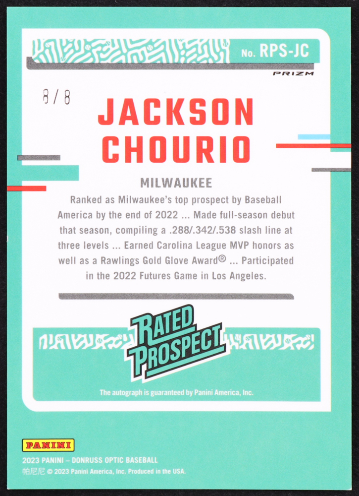 Jackson Chourio 2023 Donruss Optic Rated Prospects Signatures Green ...