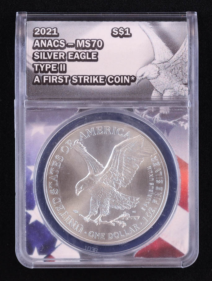 2021 American Silver Eagle, Type II - A First Strike Coin - American Flag Core (ANACS MS70 ...
