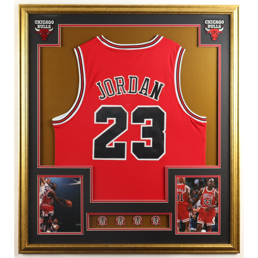 Michael Jordan Custom Framed Jersey Display With NBA Champion Pins & (2 ...