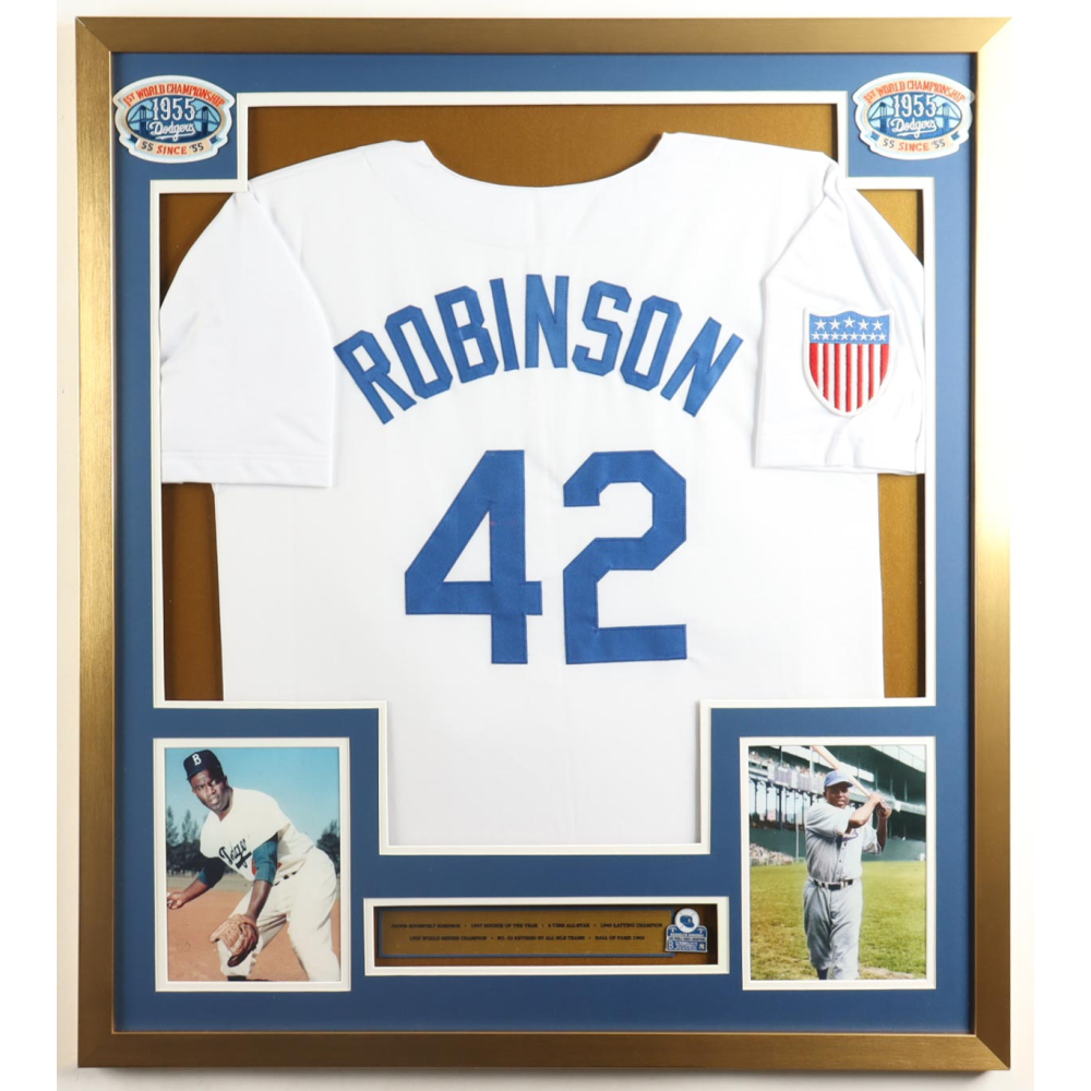 Jackie Robinson Custom Framed Jersey Display with 1955 World Championship Pin & (2) Patches ...