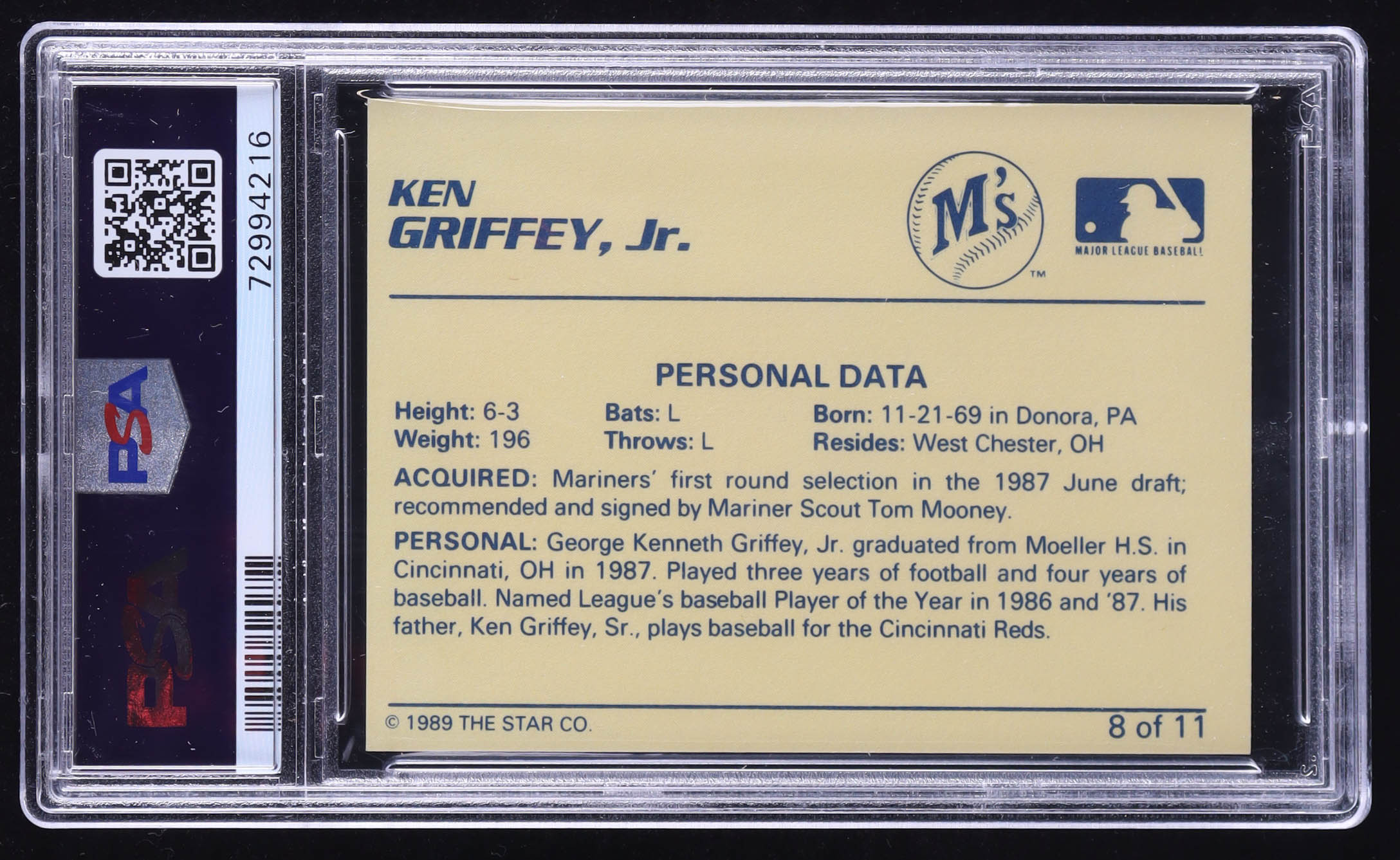 Ken Griffey Jr. 1989 Star Griffey Jr. White-Blue #8 Personal Stats RC ...