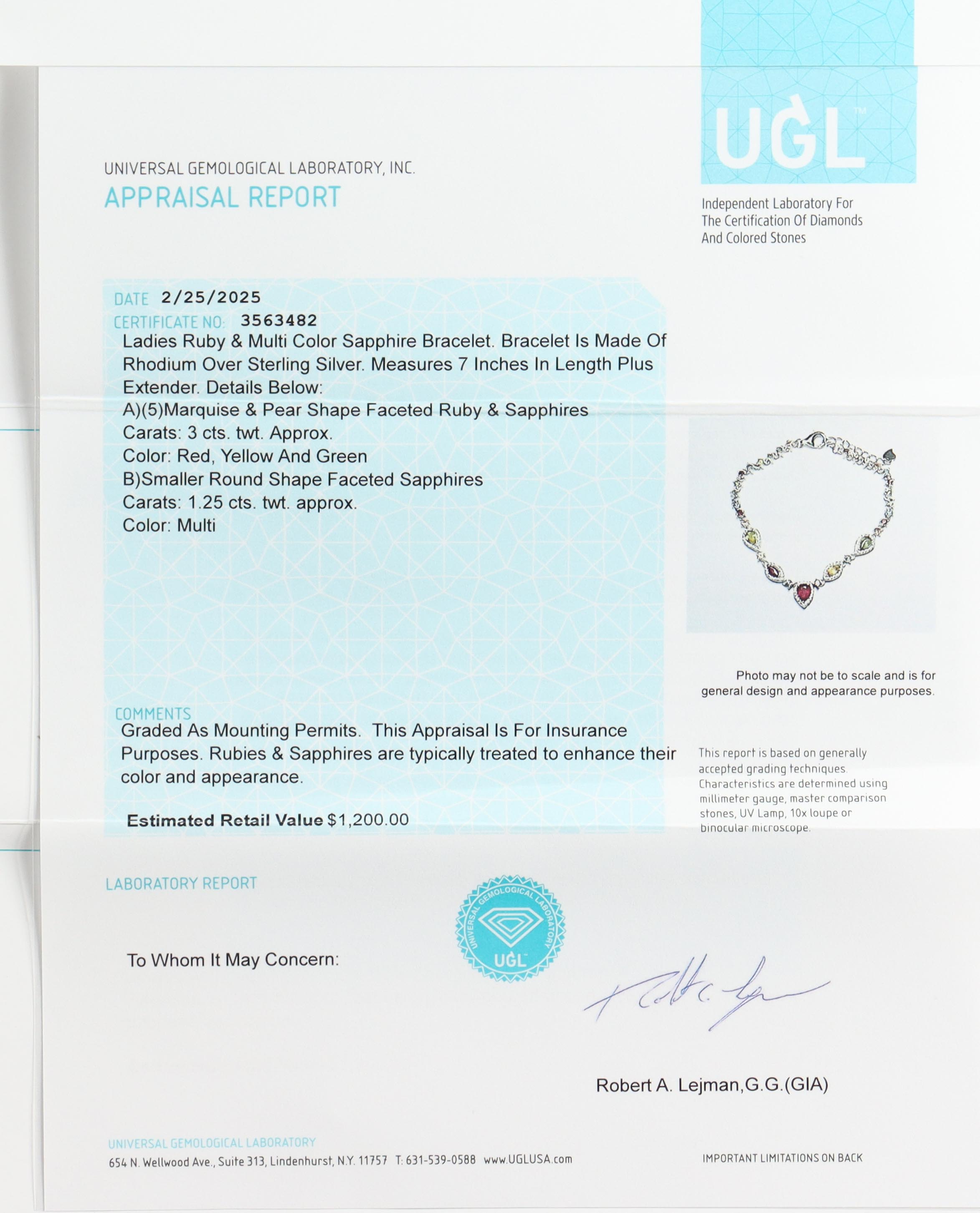 Ruby & Multi Color Sapphire 7" Rhodium Over Sterling Silver Bracelet ...