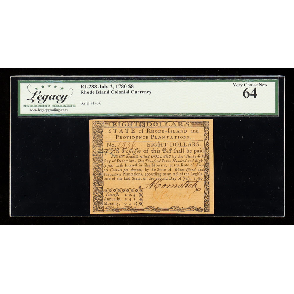 1780 $8 Rhode Island Colonial Note (Legacy Very Choice New 64 ...