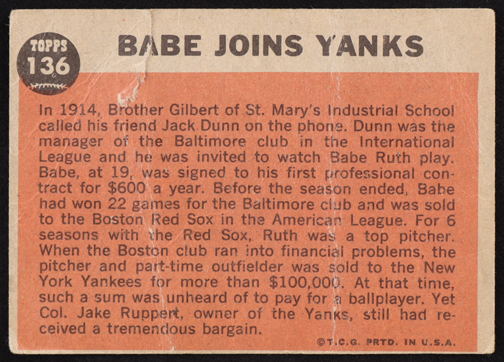 Babe Ruth 1962 Topps #136 Special 2 / Babe Joins Yanks/Pictured Owner ...