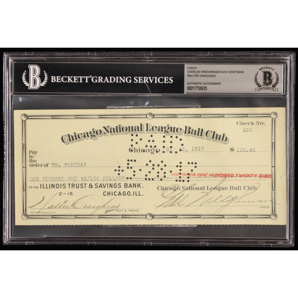 Chicago Cubs Original Check from 1917 Signed by Walter Craighead, Chuck ...