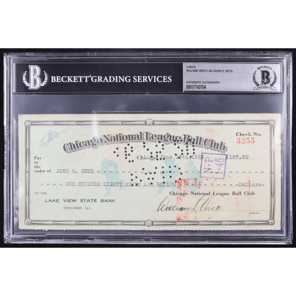 Chicago Cubs Original Check from 1920 Signed by William Veeck Sr ...