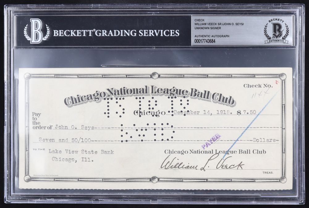 Chicago Cubs Original Check from 1918 Signed by (3) William Veeck Sr ...