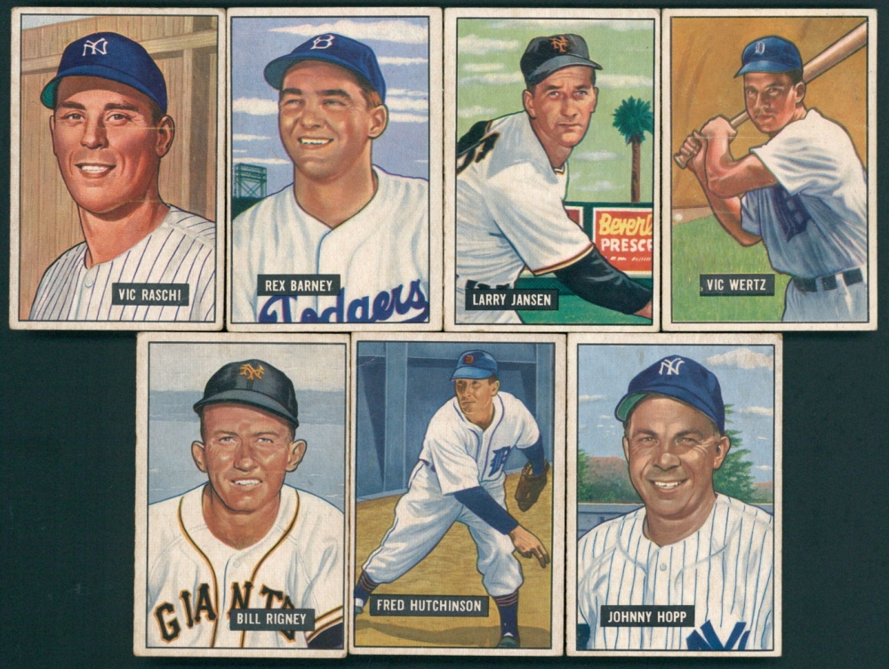 Lot of (7) 1951 Bowman Baseball Cards with #25 Vic Raschi, #125 Bill ...