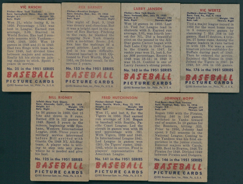 Lot of (7) 1951 Bowman Baseball Cards with #25 Vic Raschi, #125 Bill ...