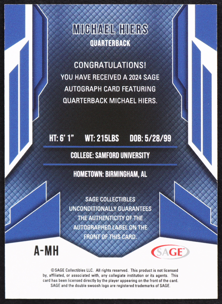 Michael Hiers 2024 SAGE HIT Autographs Red #AMH RC | Pristine Auction