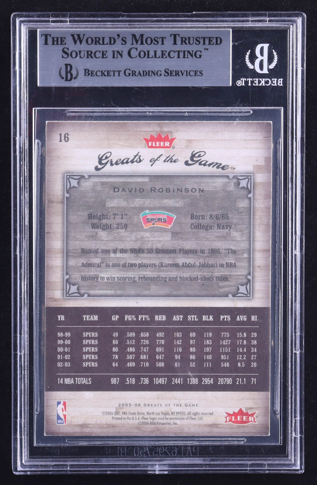 David Robinson Signed 2005-06 Greats of the Game #16 (BGS) | Pristine ...